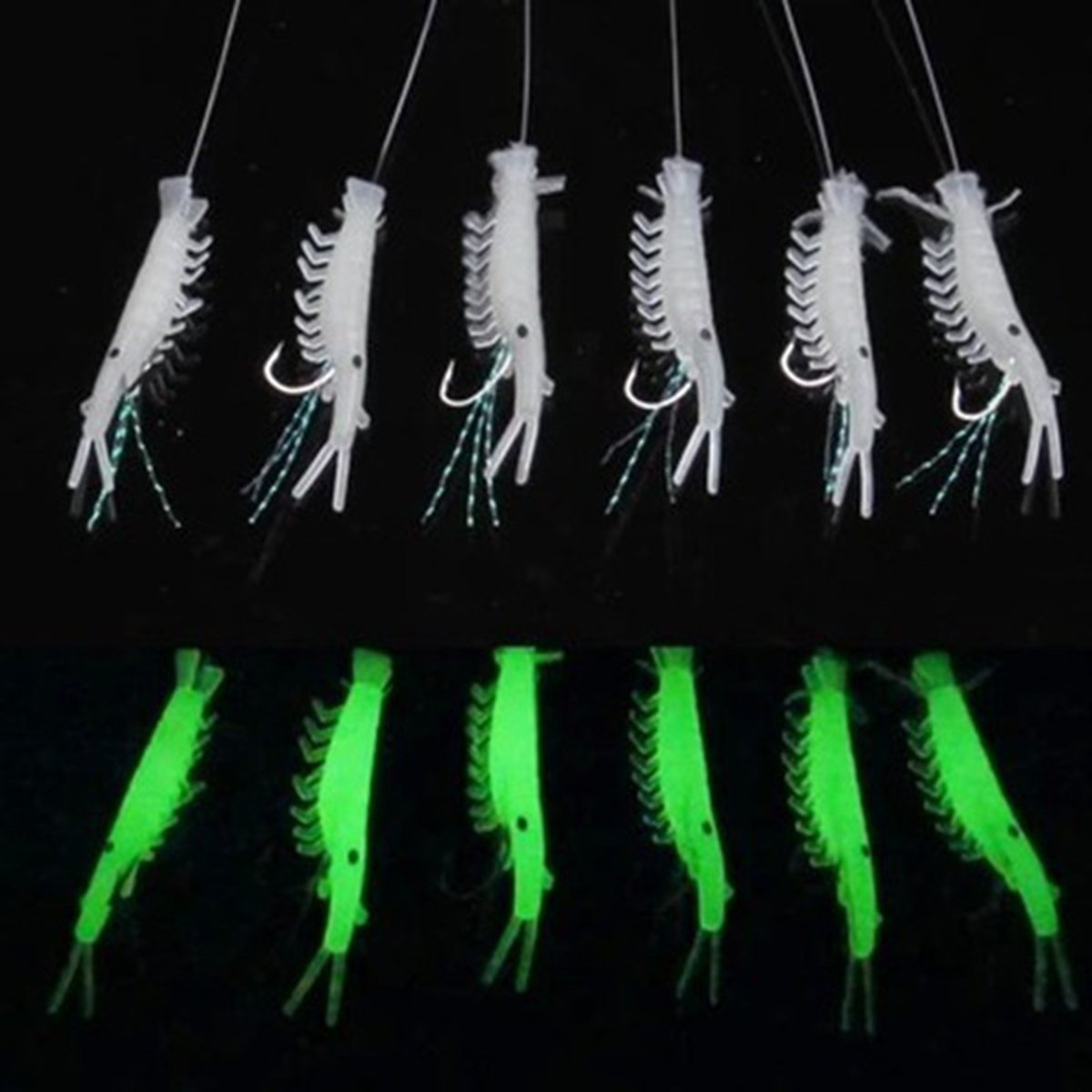 10 pc Luminous Shrimp Bait Rigs Glitter Glow in The Dark Fishing Lures Saltwater Bait Lure Catching Hook Tackle Fishing Rigs (Mix Size)