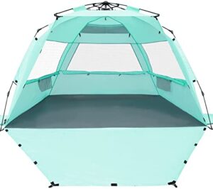 ko-on pop up beach tent for 4 person, easy setup and portable beach shade sun shelter canopy with upf 50+ uv protection, extendable floor with 3 ventilating windows plus carrying bag