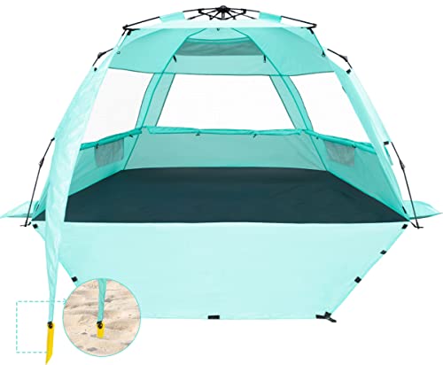 KO-ON Pop Up Beach Tent for 4 Person, Easy Setup and Portable Beach Shade Sun Shelter Canopy with UPF 50+ UV Protection, Extendable Floor with 3 Ventilating Windows Plus Carrying Bag