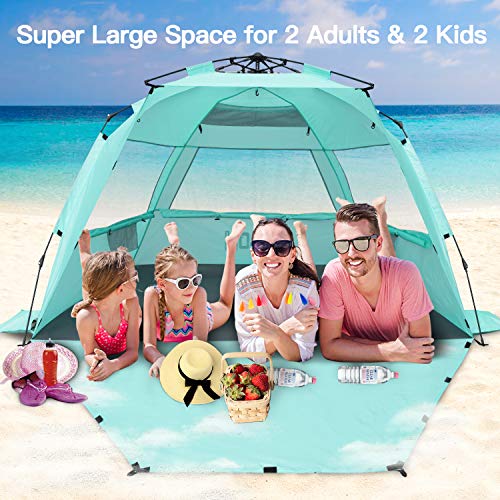 KO-ON Pop Up Beach Tent for 4 Person, Easy Setup and Portable Beach Shade Sun Shelter Canopy with UPF 50+ UV Protection, Extendable Floor with 3 Ventilating Windows Plus Carrying Bag