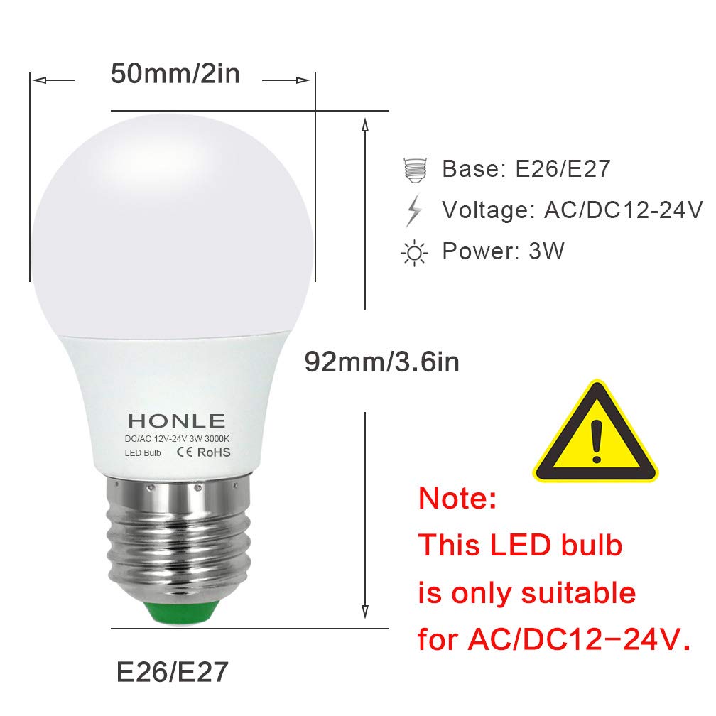 Honle E26 LED Light Bulbs 3W 12V Low Voltage Warm White 3000K E27 Edison Standard Screw Base 25W Equivalent Pack of 2