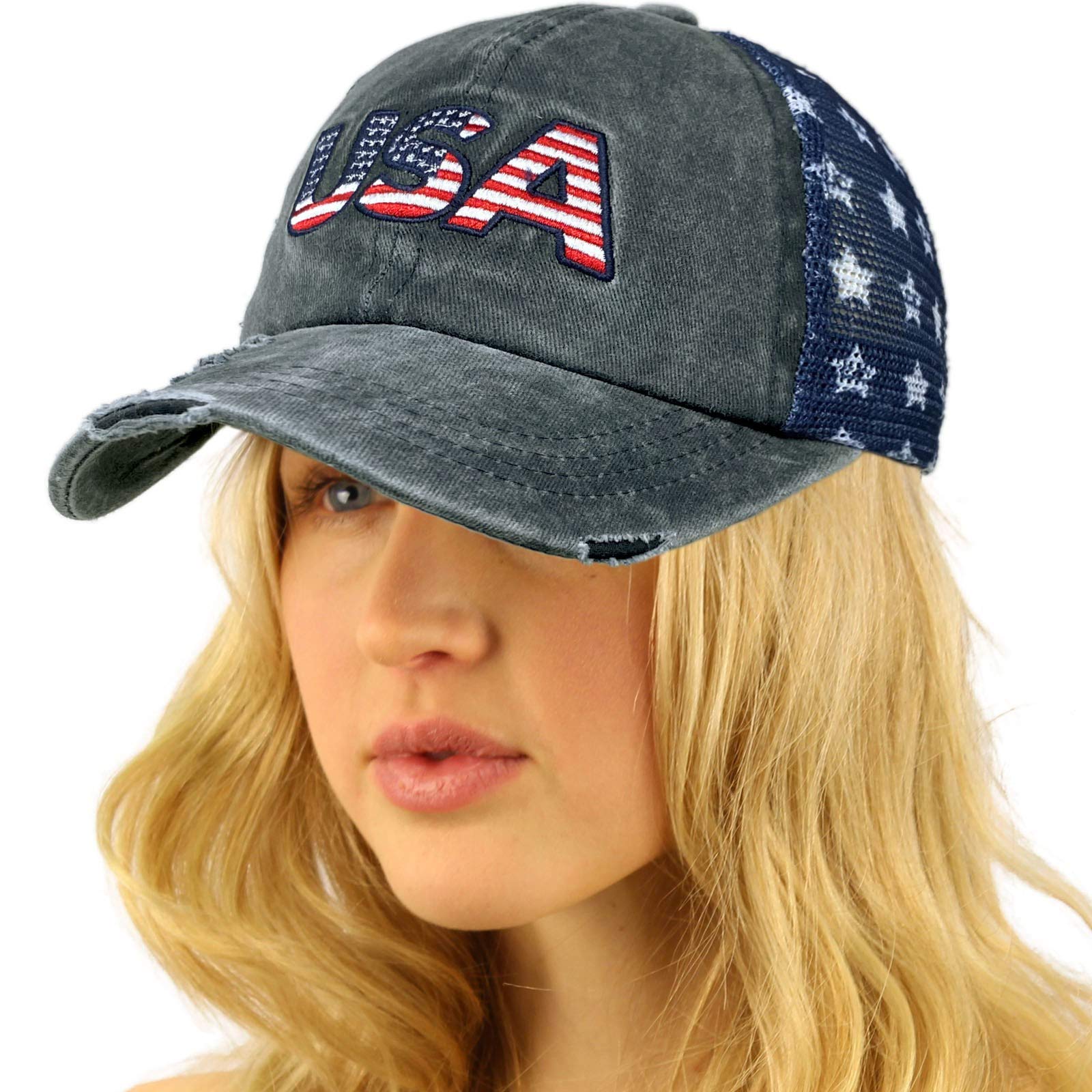 CC Everyday Distressed Trucker Mesh Summer Vented Baseball Sun Cap Hat (Patch USA)