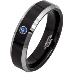 0.07ct blue sapphire tungsten ring - september birthstone - 6mm two-tone black-plated polished finish center silver beveled edge comfort fit unisex wedding anniversary band -6