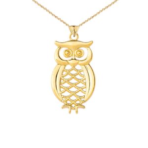 certified 14k yellow gold designer owl animal pendant necklace, 18"