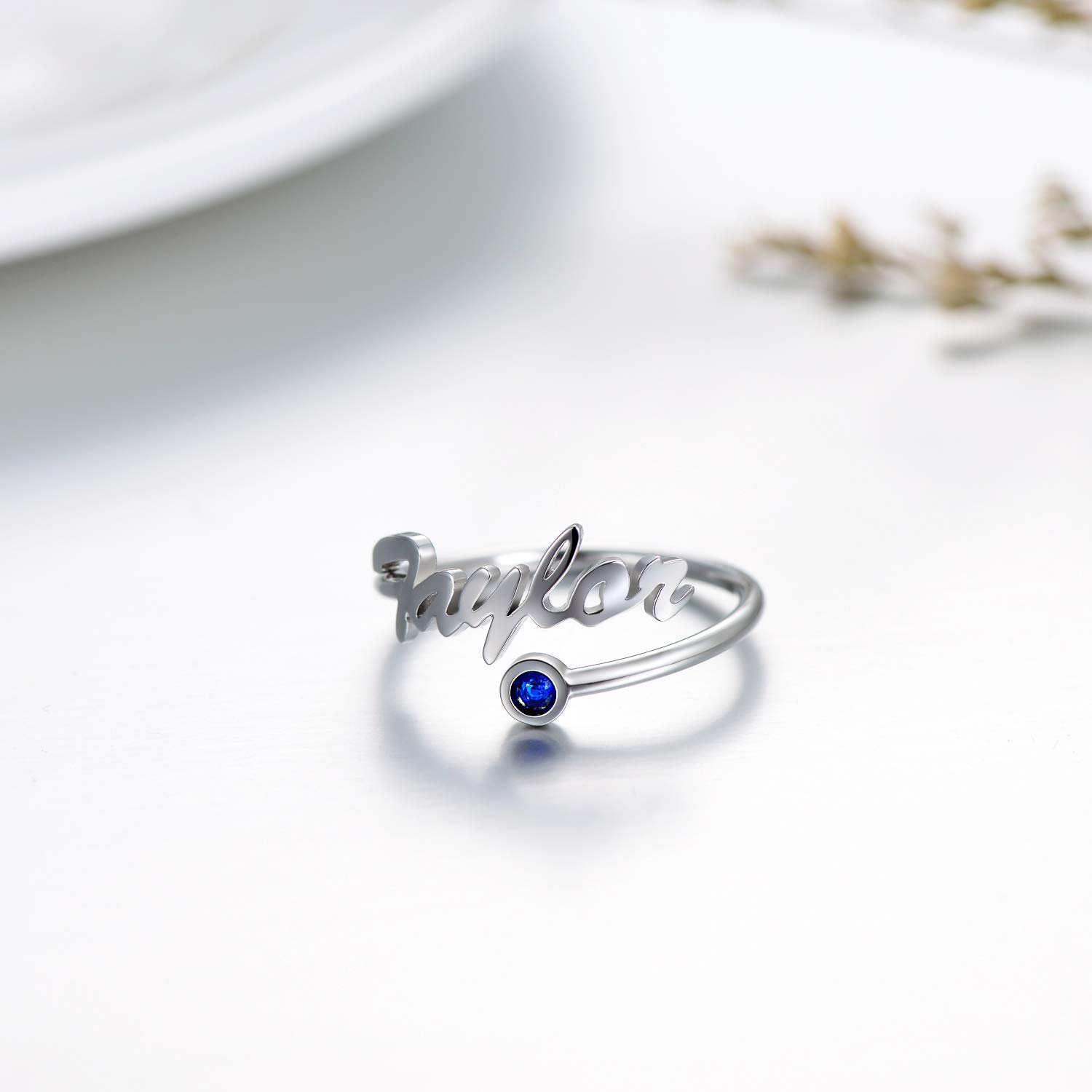 LONAGO Personalized Sterling Silver One Name Ring with Simulated Birthstone Custom Nameplate Initial Stackable Ring Jewelry Gift for Mom Women (one name-white-gold-plated-silver)