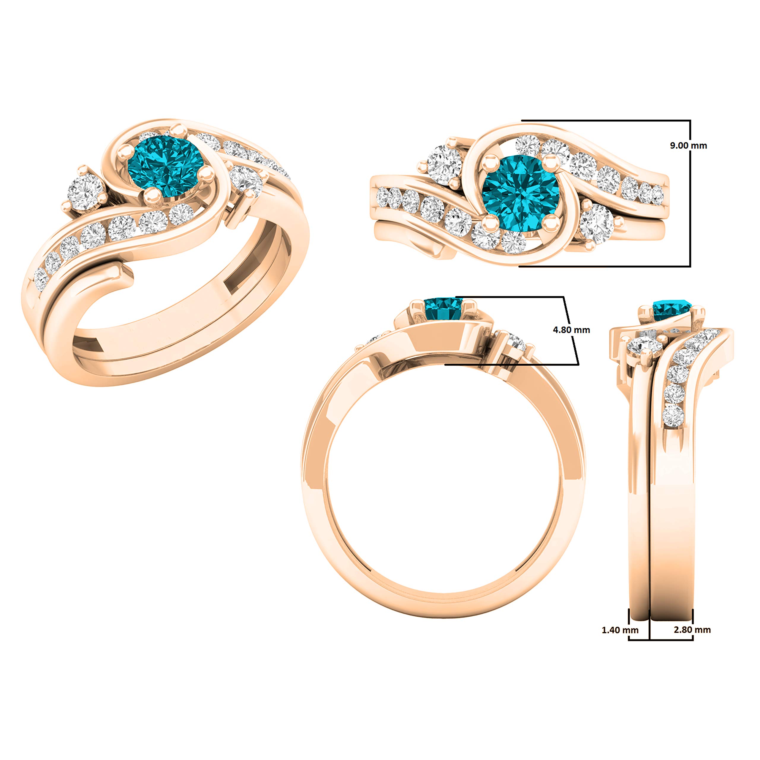 Dazzlingrock Collection 0.85 Carat (ctw) Round Blue & White Diamond Ladies Swirl Engagement Ring With Matching Band Set, 14K Rose Gold, Size 7