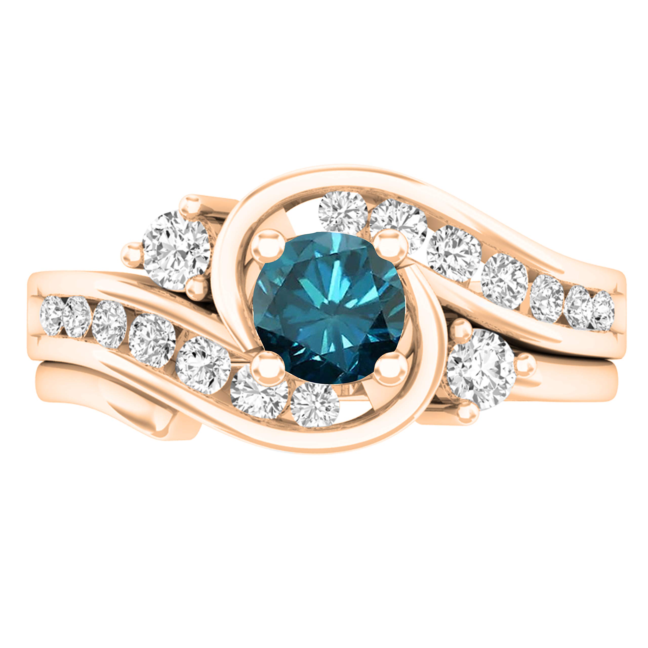 Dazzlingrock Collection 0.85 Carat (ctw) Round Blue & White Diamond Ladies Swirl Engagement Ring With Matching Band Set, 14K Rose Gold, Size 7