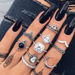 missgrace silver trendy simple knuckle rings vintage crystal and rhinestones silver rings set tribal accessory for women 10pcs (style 13)