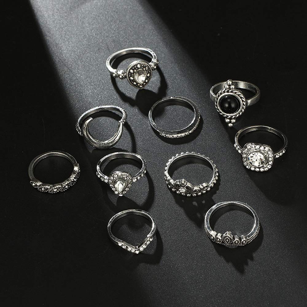 Missgrace Silver Trendy Simple Knuckle Rings Vintage Crystal and Rhinestones Silver Rings Set Tribal Accessory for Women 10Pcs (Style 13)