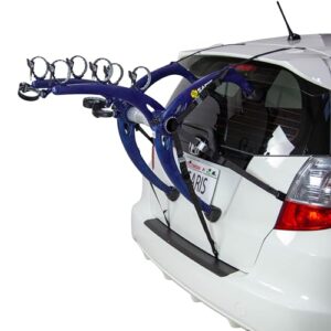 saris bones ex car trunk bicycle rack carrier, mounts 3 bike, blue - durable, rust-free, anti-sway straps, fits most vehicles, made in usa, arc-based design, 100% recyclable materials