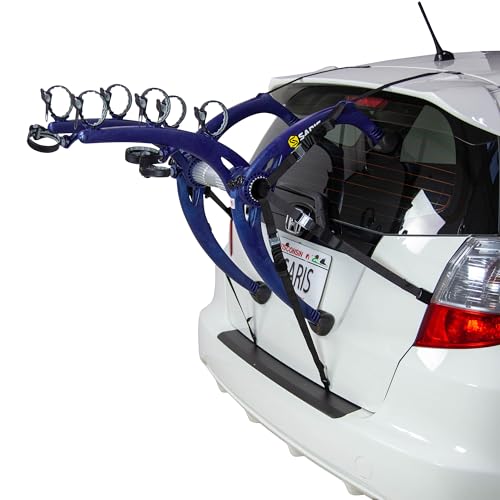 Saris Bones EX Car Trunk Bicycle Rack Carrier, Mounts 3 Bike, Blue - Durable, Rust-Free, Anti-Sway Straps, Fits Most Vehicles, Made in USA, Arc-Based Design, 100% Recyclable Materials