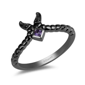 jewelili enchanted disney fine jewelry black rhodium over sterling silver 2mm round amethyst and heat treated black diamond accent maleficent villain ring size 7