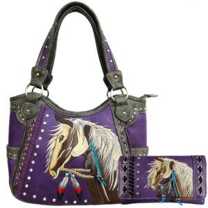 zelris dakota dales pony horse embroidery mane western country women conceal carry tote purse with matching wallet set (purple)