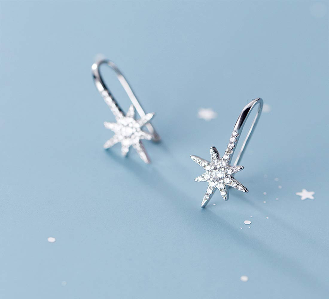 SLUYNZ Sparkling Star Drop Earrings for Women 925 Sterling Silver CZ Star Hook Earrings (A-Silver)