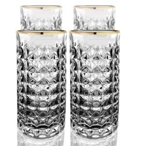 amehla co. gold rimmed highball collins cocktail glass set | drinking glasses for cocktails, water, juice, & iced tea or coffee