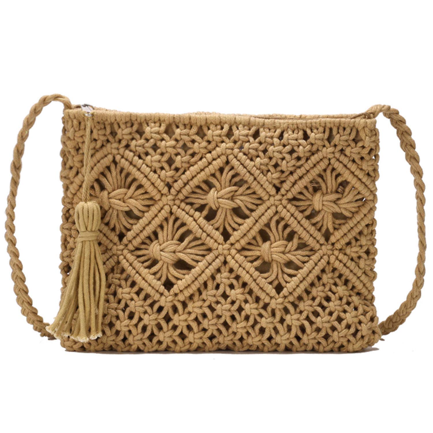 WOG2008 Handwoven Bag Clutch Purses for Women Tassel Straw Envelope Handbag Vintage Summer Beach Bag