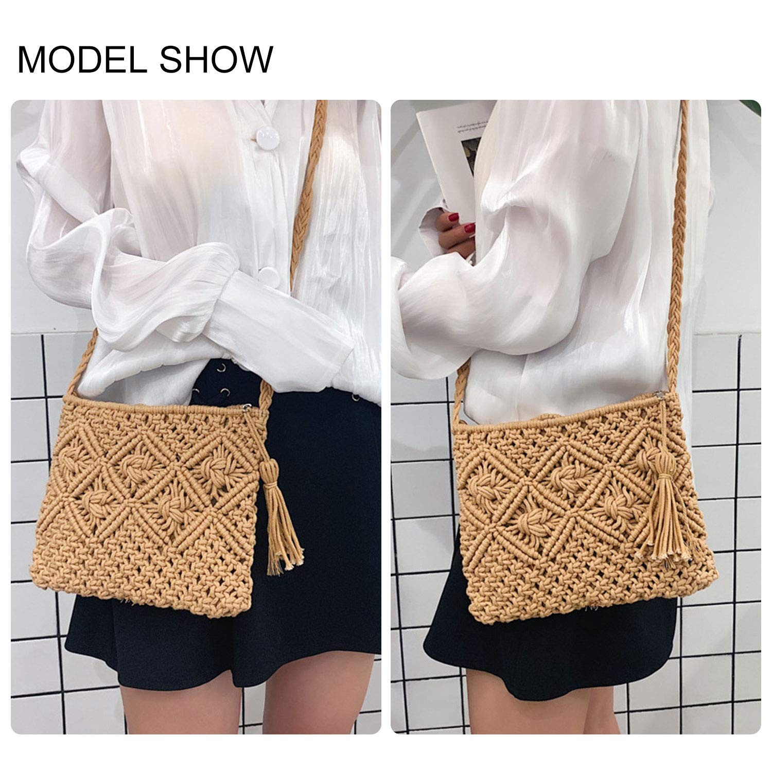 WOG2008 Handwoven Bag Clutch Purses for Women Tassel Straw Envelope Handbag Vintage Summer Beach Bag