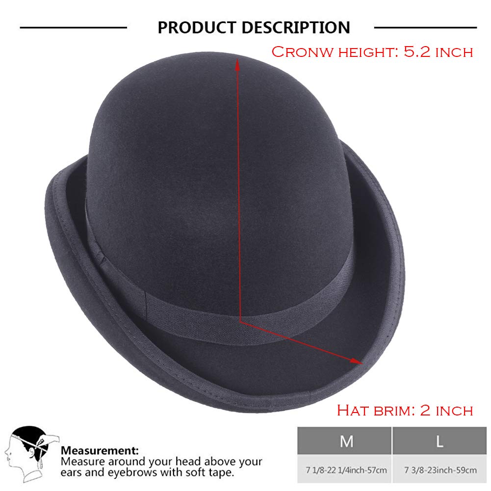 Janey&Rubbins Men's 100% Genuine Wool Bowler - Vintage Derby Hat - Theater Costume Accessories (Black, Large)