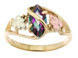 10k yellow gold, marquise mystic fire topaz wrap ring, 12k rose and green gold black hills gold, size 9