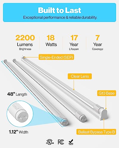 Sunco 50 Pack T8 LED Tubes 4FT Fluorescent Replacement, 48 Inch, 18W, 2200LM, 6000K Daylight Deluxe, Single Ended Power, Type B, Ballast Bypass, Clear Lens UL