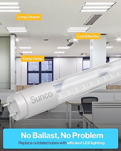 Sunco 50 Pack T8 LED Tubes 4FT Fluorescent Replacement, 48 Inch, 18W, 2200LM, 6000K Daylight Deluxe, Single Ended Power, Type B, Ballast Bypass, Clear Lens UL