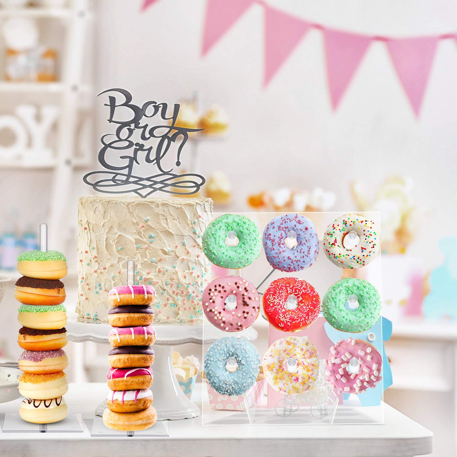 Acrylic Donut Display Wall Stand, Holds up to 18 Donuts Each and 2 Pieces Acrylic Donut Stands Clear Bagels Holder Square Stand Holder for Dessert Table Wedding Birthday Party (4 Pieces)