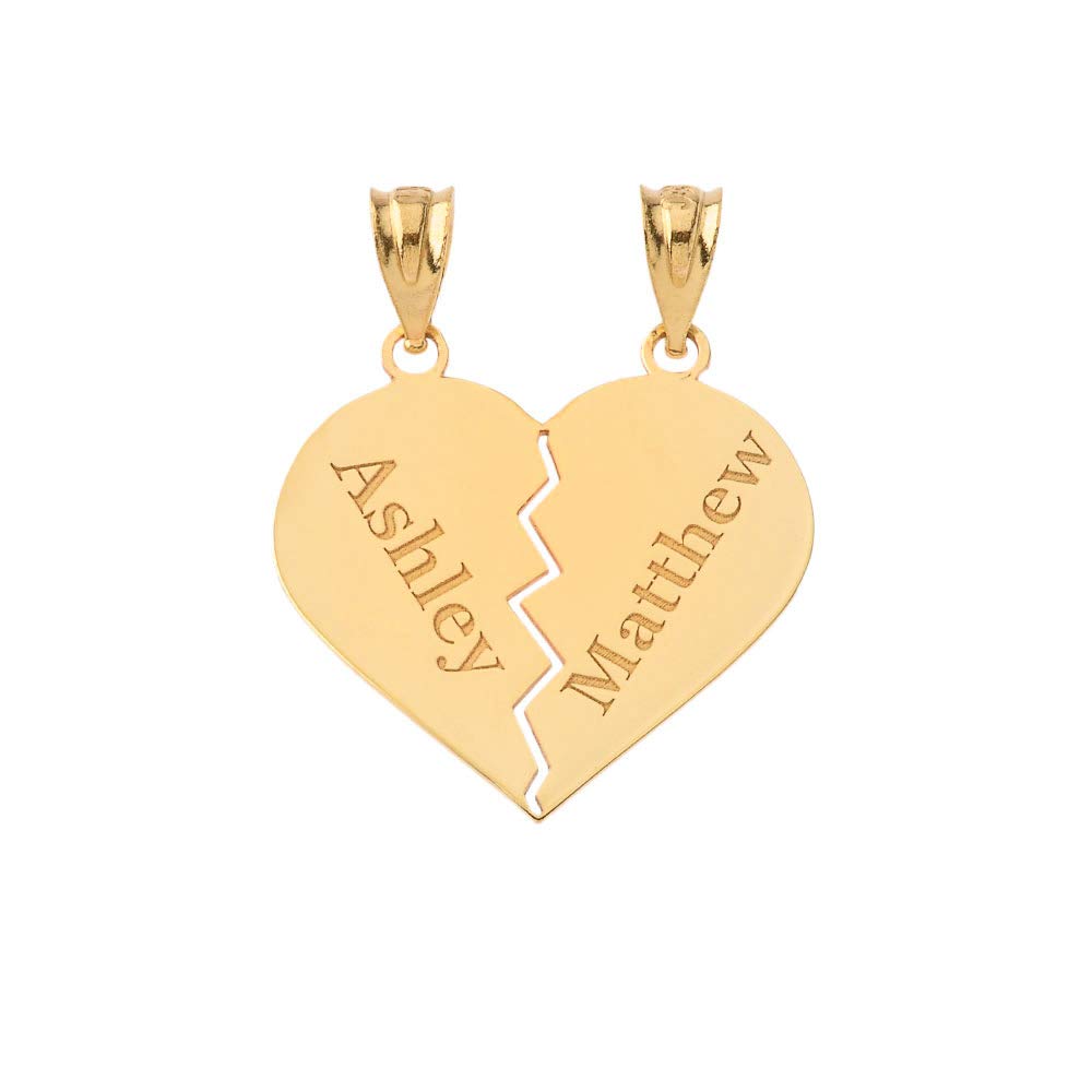 Certified 10k Yellow Gold Personalized Breakable Heart Charm Pendant Custom Engraved with Any Name