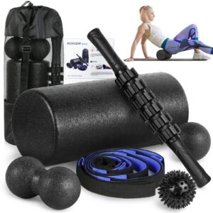 foam roller set - high density back roller, muscle roller stick,2 foot fasciitis ball, stretching strap, peanut massage ball for whole body physical therapy & exercise, back pain, leg, deep tissue