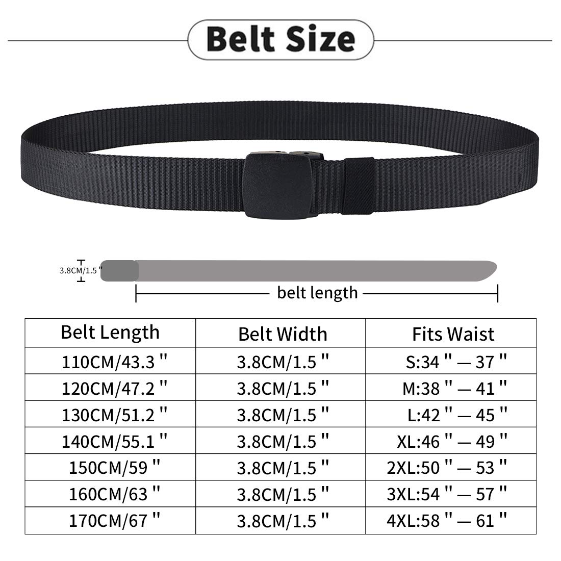 MIJIU Nylon Belts for Men 1.5inch Military Tactical Belt Adjustable Slide Plastic Buckle Web Canvas Belt Outdoor