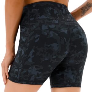 AFITNE Yoga Shorts for Women with Pockets High Waisted Printed Workout Athletic Running Shorts Biker Spandex Gym Fitness Tights Leggings Black Camo - XS