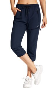 mocoly women's hiking capris pants outdoor lightweight quick dry water resistant upf 50 cargo pants with zipper pockets navy blue l