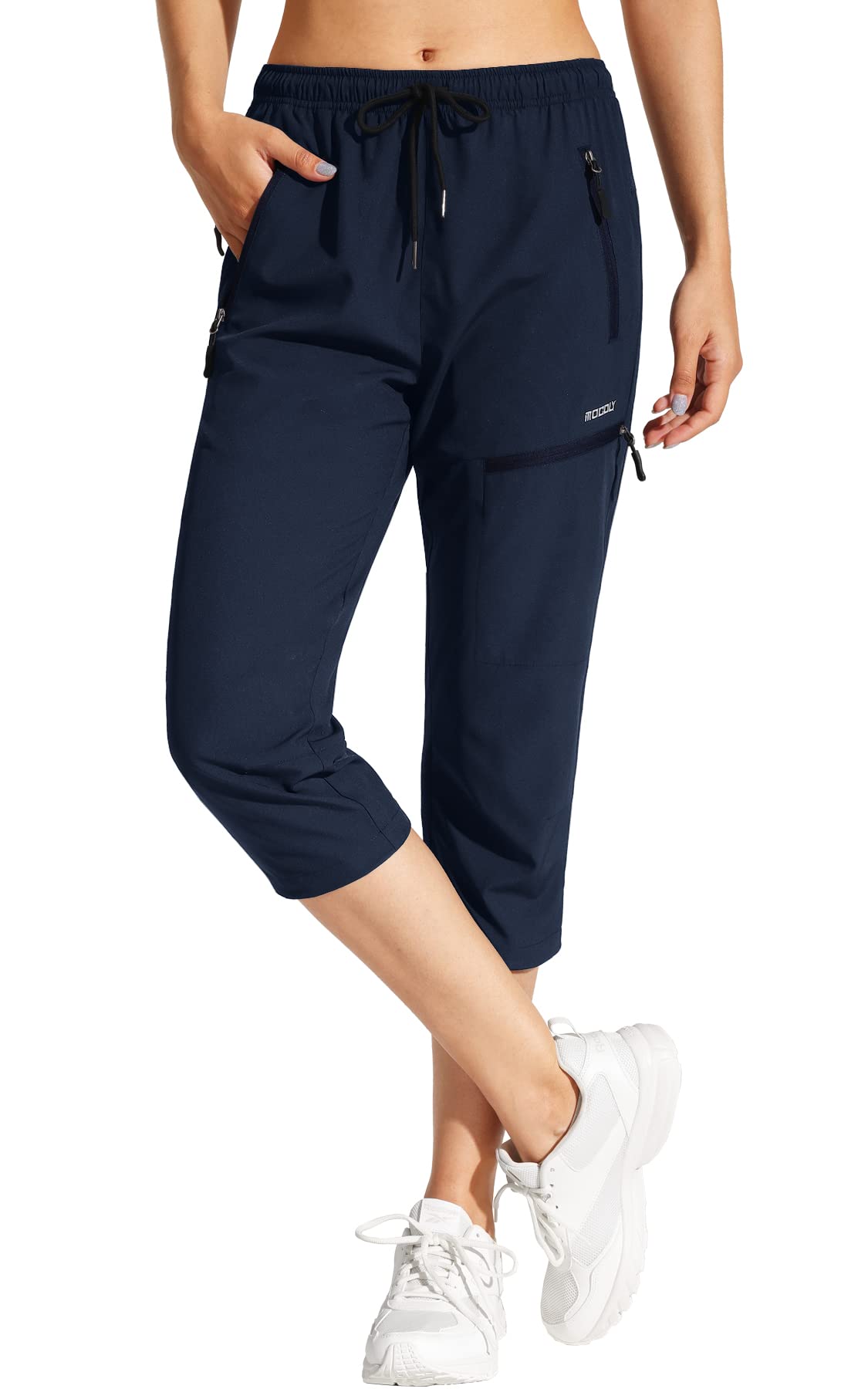 MOCOLY Women's Hiking Capris Pants Outdoor Lightweight Quick Dry Water Resistant UPF 50 Cargo Pants with Zipper Pockets Navy Blue L