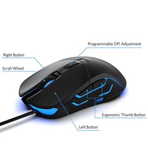 FIODIO Wired Gaming Mouse, 5500 DPI, Breathing Light, Ergonomic Game USB Computer Mice RGB Gamer Desktop Laptop PC Gaming Mouse, 7 Colors RGB Lighting, 6 Buttons for Windows 7/8 / 10, Black