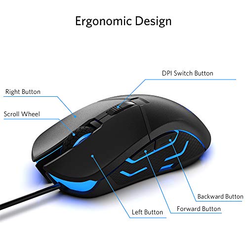 FIODIO Wired Gaming Mouse, 5500 DPI, Breathing Light, Ergonomic Game USB Computer Mice RGB Gamer Desktop Laptop PC Gaming Mouse, 7 Colors RGB Lighting, 6 Buttons for Windows 7/8 / 10, Black