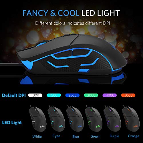 FIODIO Wired Gaming Mouse, 5500 DPI, Breathing Light, Ergonomic Game USB Computer Mice RGB Gamer Desktop Laptop PC Gaming Mouse, 7 Colors RGB Lighting, 6 Buttons for Windows 7/8 / 10, Black