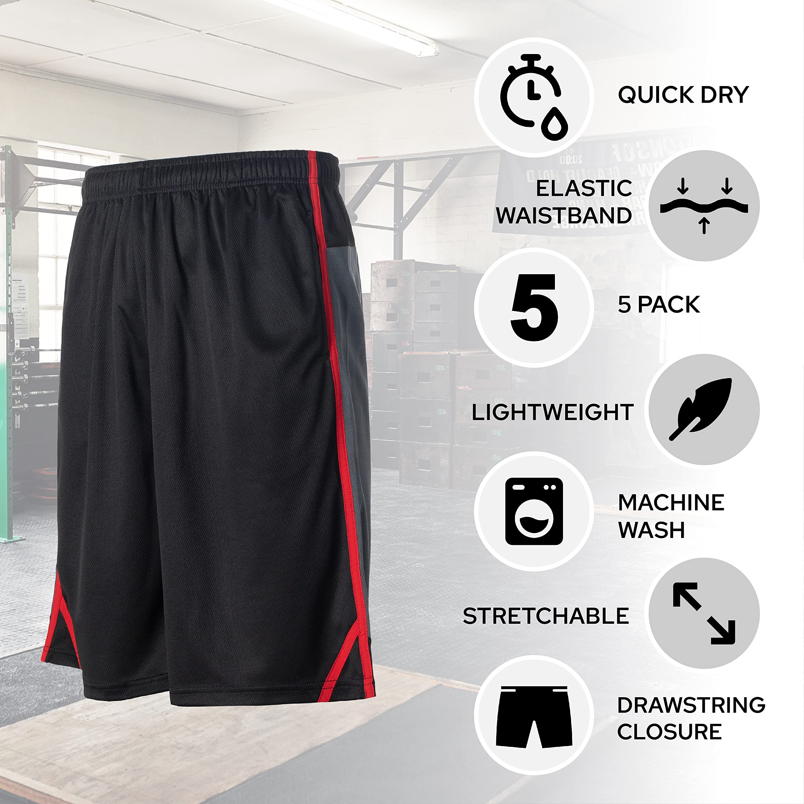 5 Pack: Men's Dry-Fit Sweat Resistant Active Athletic Performance Shorts