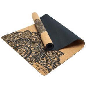 yoga design lab | the cork yoga mat | eco luxury | ideal for hot yoga, power, bikram, ashtanga, sweaty workouts | studio quality | includes carrying strap! (mandala black, 1.5mm)