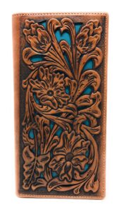 western genuine leather tooled laser cut men's long bifold wallet in 3 colors (brown/turq) brown/turquoise