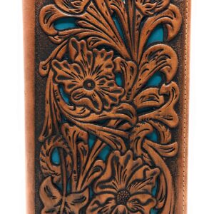 Western Genuine Leather Tooled Laser Cut Men's Long Bifold Wallet in 3 colors (Brown/Turq) Brown/Turquoise