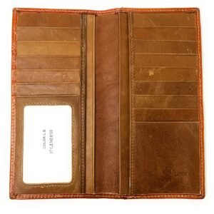 Western Genuine Leather Tooled Laser Cut Men's Long Bifold Wallet in 3 colors (Brown/Turq) Brown/Turquoise