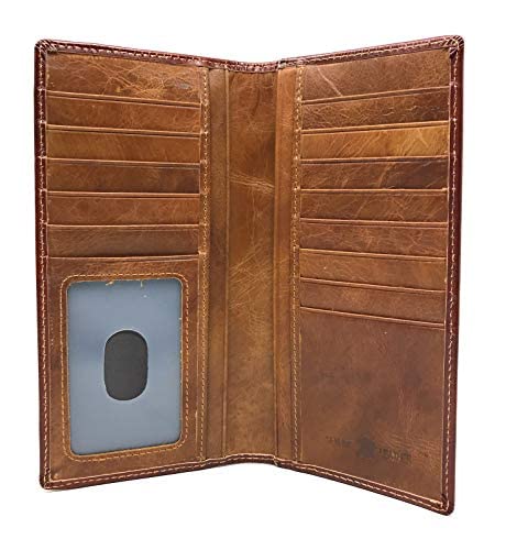 Western Genuine Leather Tooled Laser Cut Men's Long Bifold Wallet in 3 colors (Brown/Turq) Brown/Turquoise