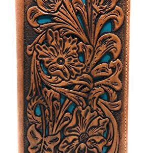 Western Genuine Leather Tooled Laser Cut Men's Long Bifold Wallet in 3 colors (Brown/Turq) Brown/Turquoise