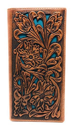 Western Genuine Leather Tooled Laser Cut Men's Long Bifold Wallet in 3 colors (Brown/Turq) Brown/Turquoise