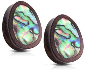 pierced owl abalone inlaid sono wood tear drop saddle plugs, sold as a pair (25mm (1"))