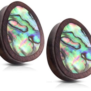 Pierced Owl Abalone Inlaid Sono Wood Tear Drop Saddle Plugs, Sold as a Pair (25mm (1"))