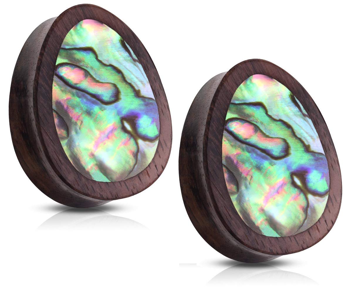 Pierced Owl Abalone Inlaid Sono Wood Tear Drop Saddle Plugs, Sold as a Pair (25mm (1"))