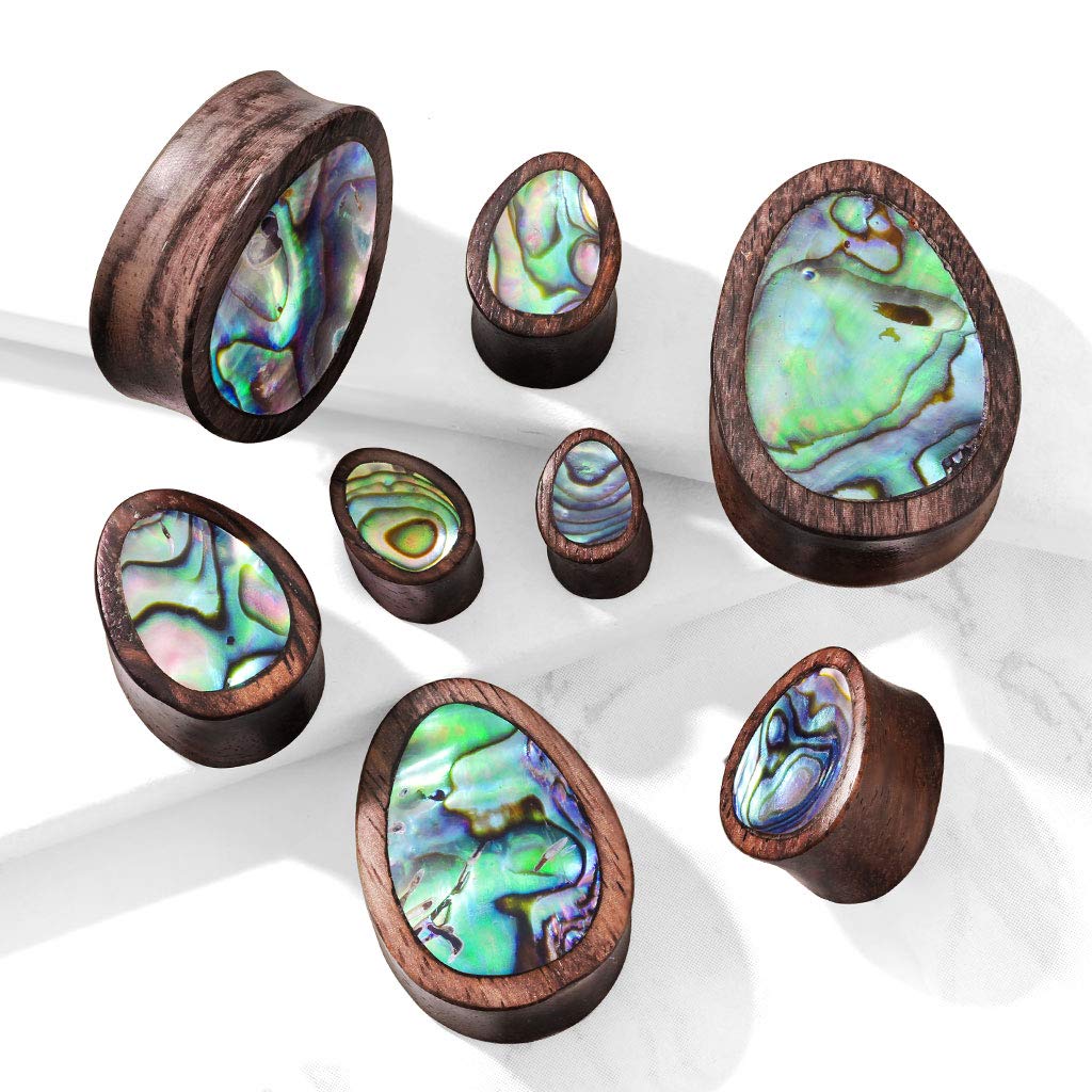 Pierced Owl Abalone Inlaid Sono Wood Tear Drop Saddle Plugs, Sold as a Pair (25mm (1"))