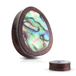 Pierced Owl Abalone Inlaid Sono Wood Tear Drop Saddle Plugs, Sold as a Pair (25mm (1"))