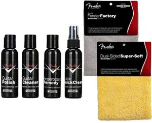 fender guitar super care kit bundle with custom shop deluxe guitar care system 4 pack, super-soft dual-sided microfiber cloth, and fender factory microfiber cloth