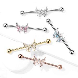 Pierced Owl Crystal Paved Butterfly Stainless Steel Industrial Barbell (Rose Gold Tone/Clear)